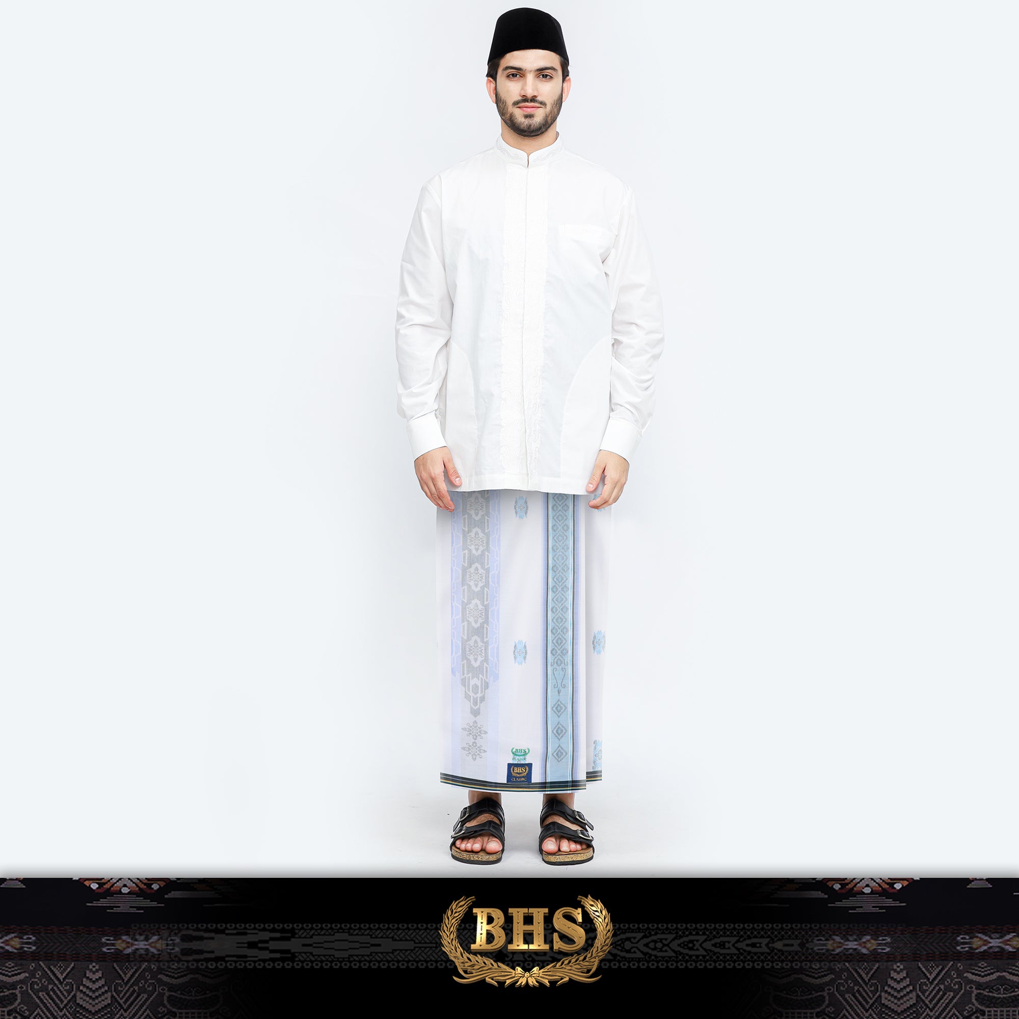 Sarung BHS Classic Gold Motif C48 JGB Putih Biru - Sarung Indonesia